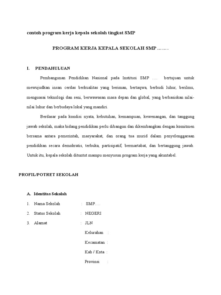 Contoh Program Kerja Kepala Sekolah Tingkat SMP | PDF