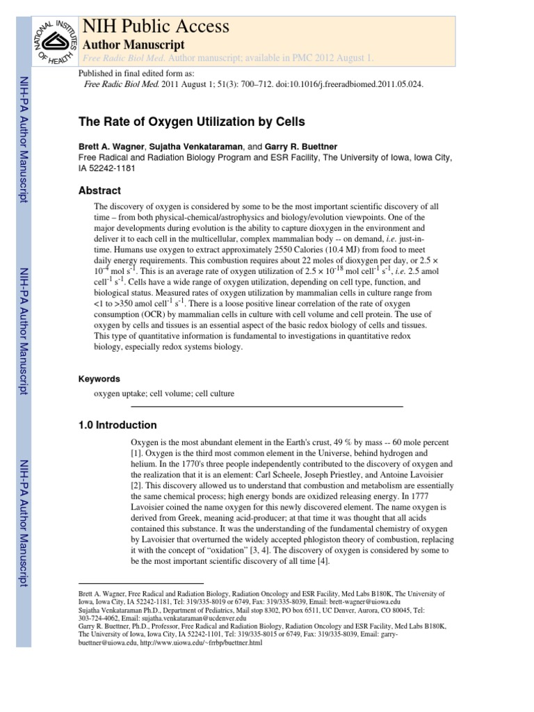 The Rate of Oxygen Utilization by Cells | PDF | Redox | Electron ...