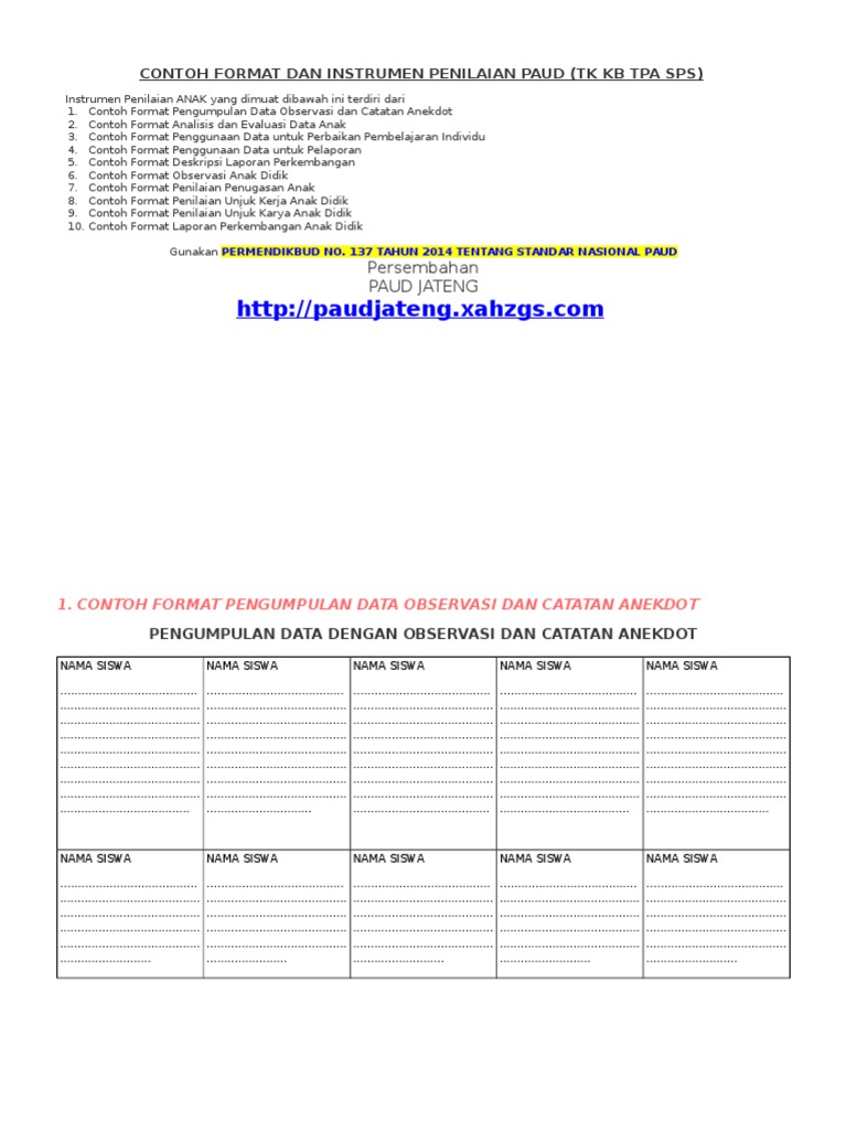 Instrumen Penilaian Paud Lengkap | PDF