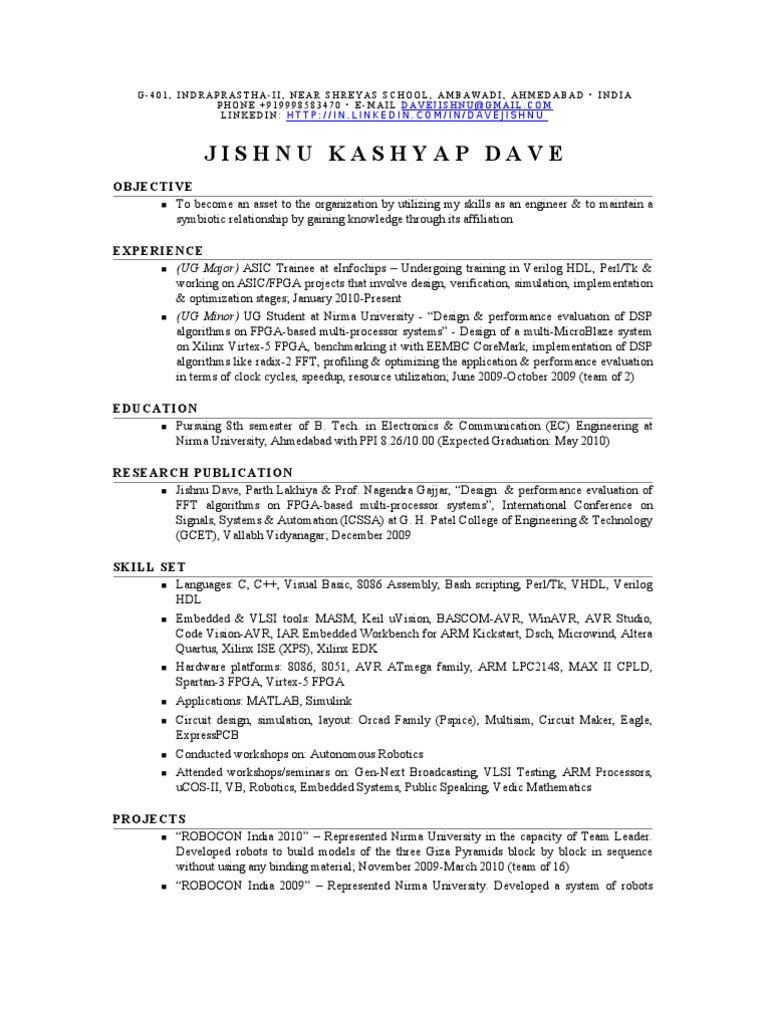 Resume Jishnu Dave | PDF | Hardware Description Language | Field Programmable Gate Array