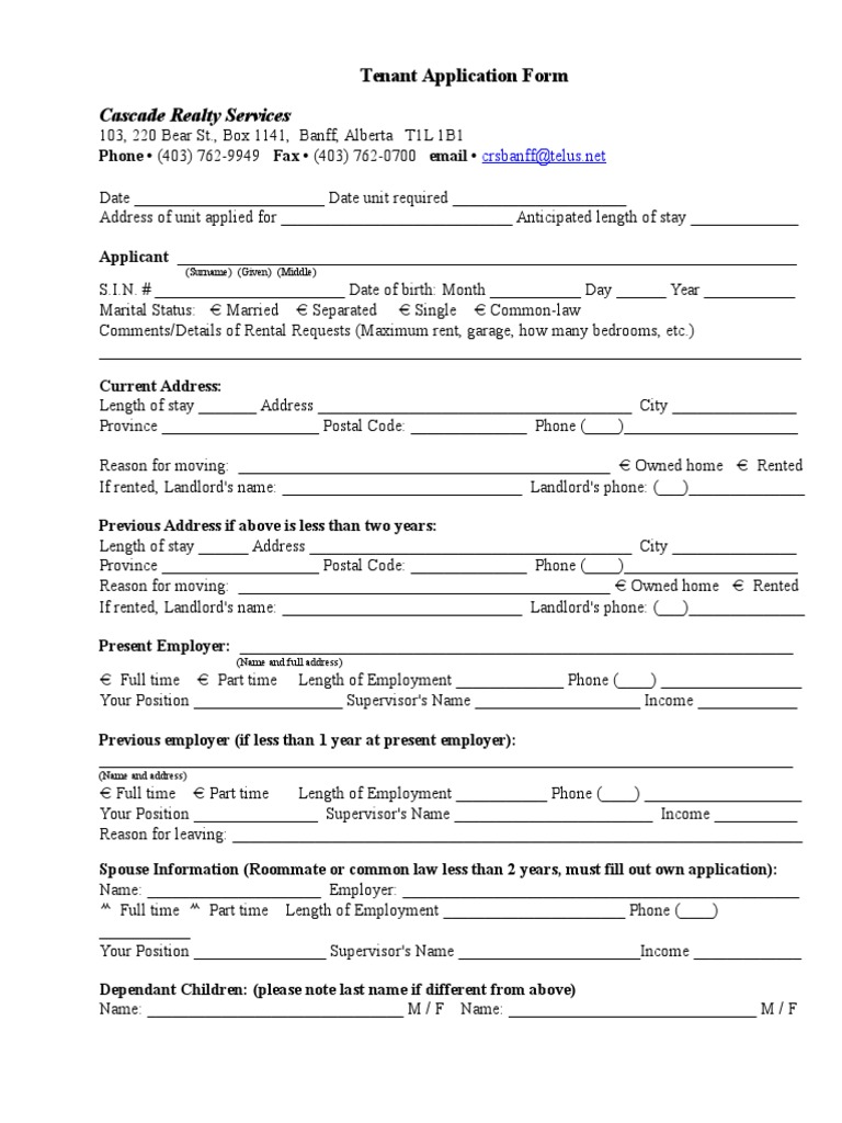 Tenant Application Form | PDF | Landlord | Leasehold Estate