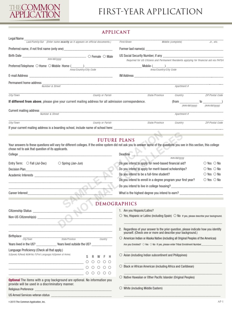 First-Year College Application Form | PDF | University And College ...