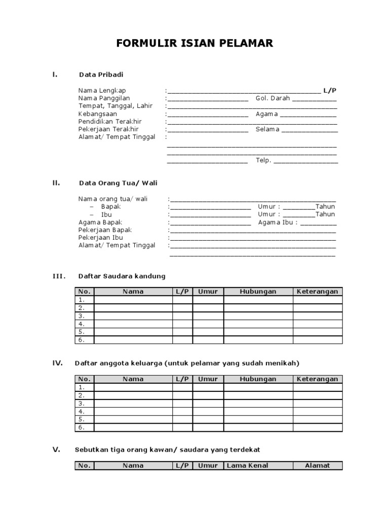 Formulir Isian Pelamar | PDF