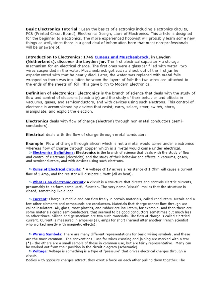 Basic Electronics Tutorial: 1745 Discovery of the Leyden Jar | PDF ...