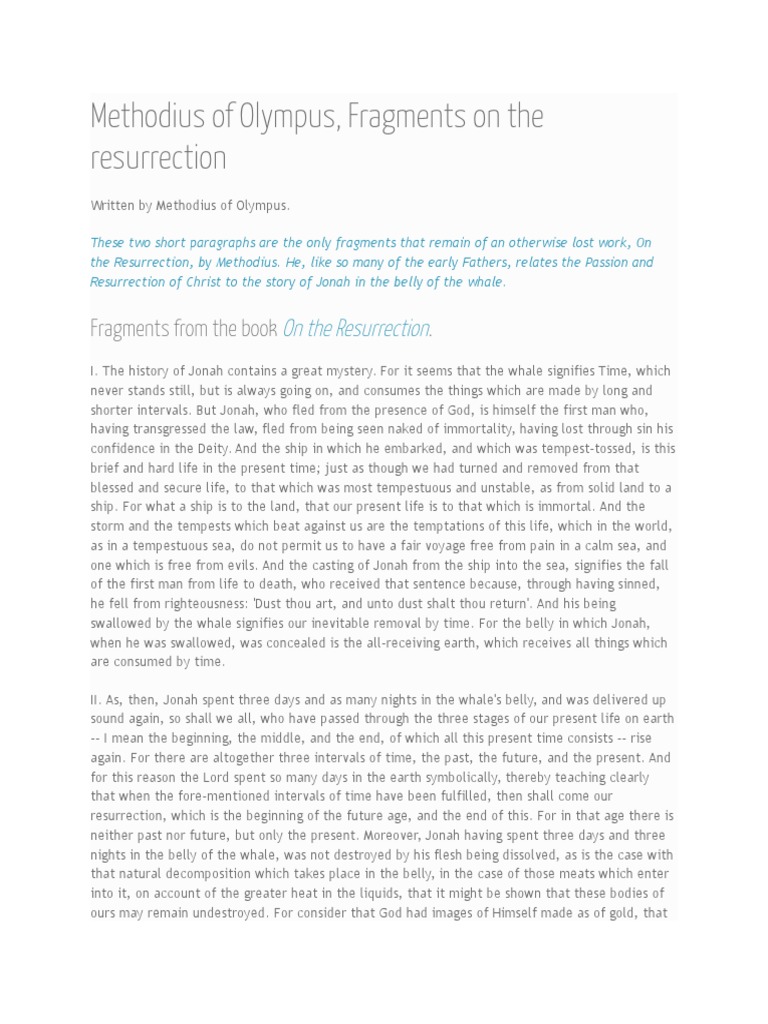 Methodius of Olympus on the Resurrection and Jonah | PDF | Jonah ...