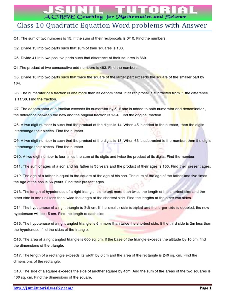 10th Quadratic Equation Word Problemswith Answer-4 | PDF | Fraction ...