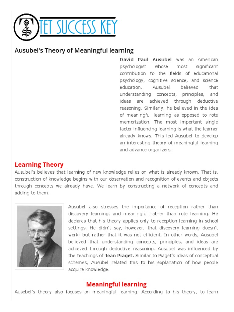 Ausubel's Meaningful Learning Theory | PDF | Epistemology | Learning