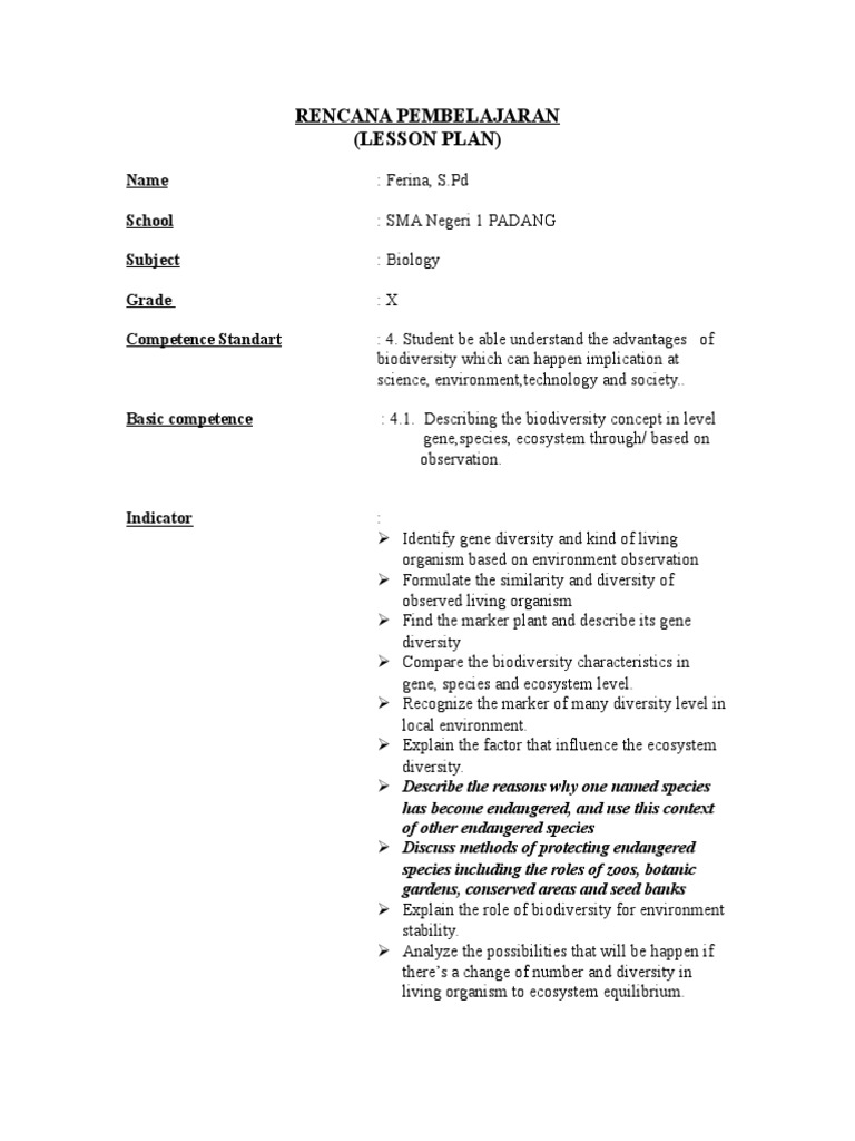 Lesson Plan Biodiversity | PDF | Biodiversity | Species