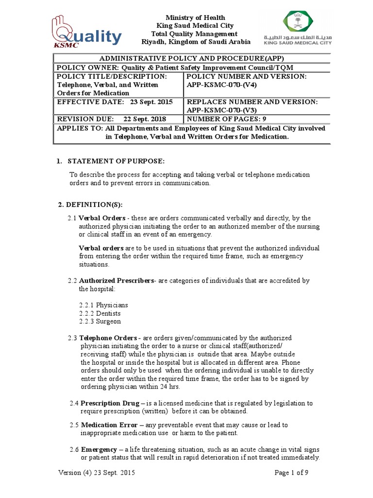 APP KSMC 070 V4 Tel Verbal Orders | PDF | Medical Prescription ...