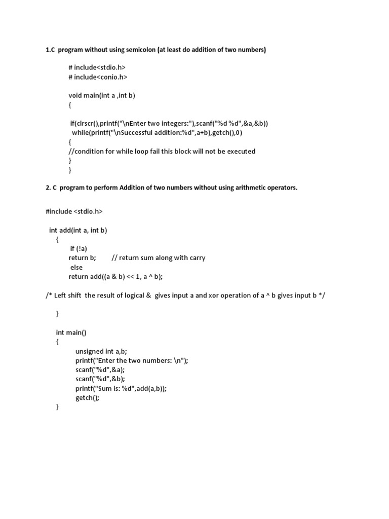 1.C Program Without Using Semicolon (At Least Do Addition of Two Numbers) | PDF | Integer ...