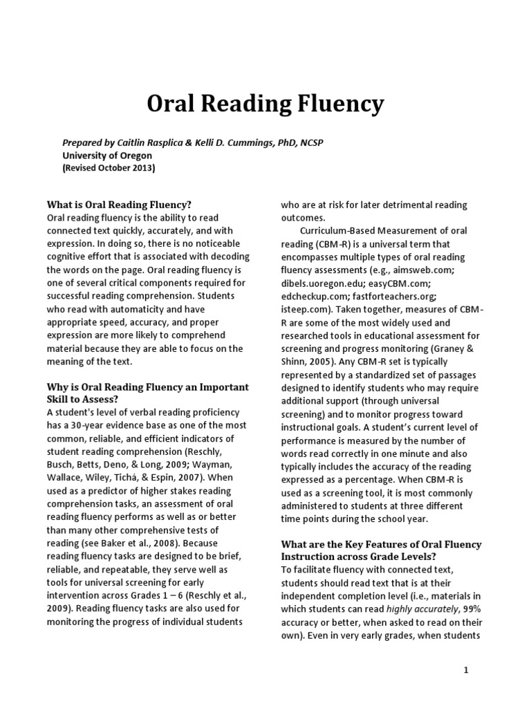 Oral Reading Fluency PDF | PDF | Reading (Process) | Phonics