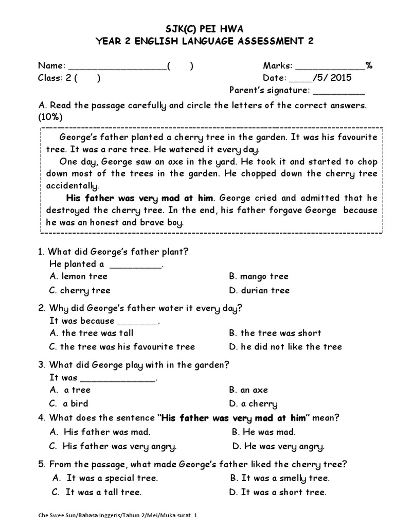 English Exam Year 2 | PDF | Foods