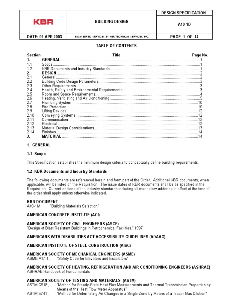 KBR Design Specification - Building Design A40-1D - APR 2003 | PDF ...