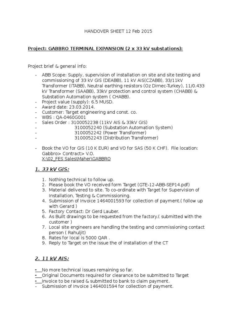 Gabbro Terminal Expansion Handover | PDF | Electrical Substation ...