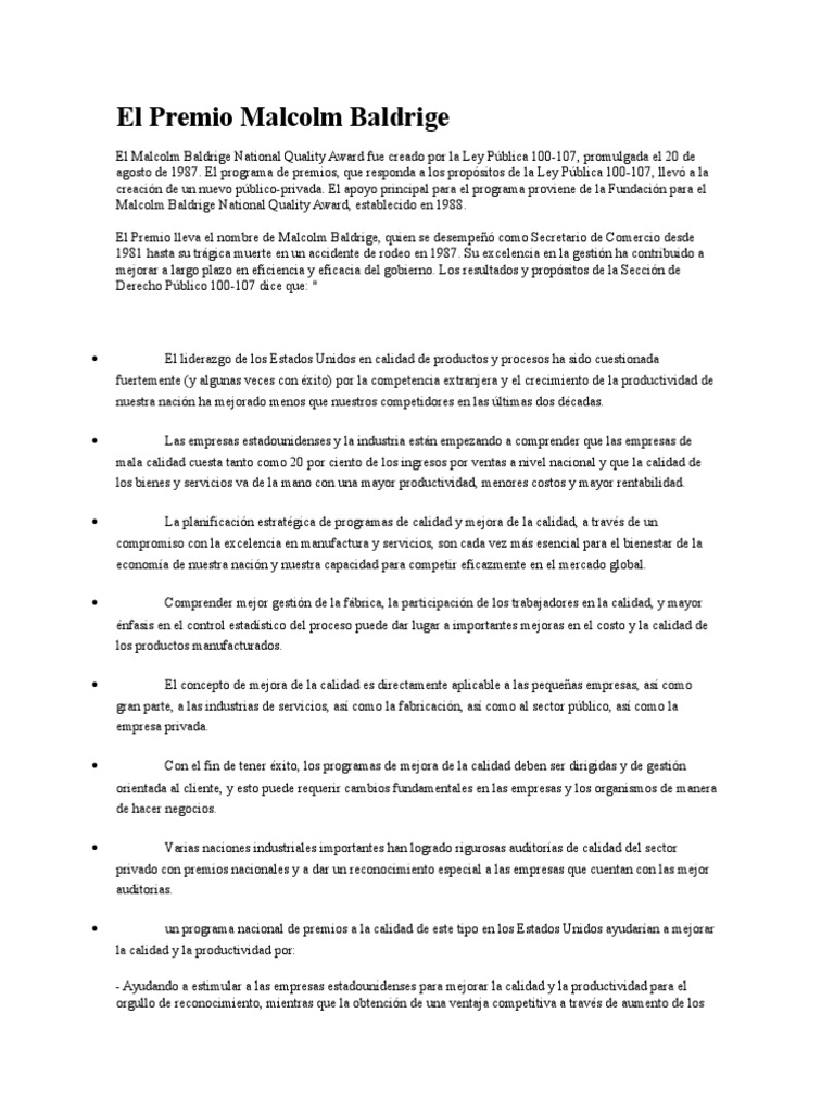 Premio Malcolm Baldrige: Excelencia Empresarial | PDF | Calidad ...