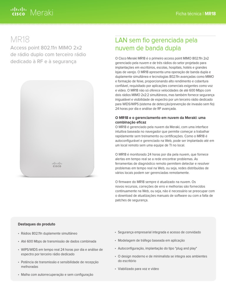 Meraki Datasheet MR18 PT | PDF | Ieee 802.11 | Rede sem fio