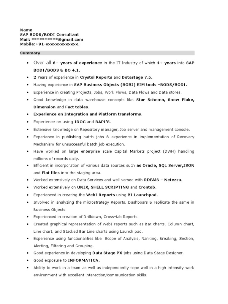 SAP BODI Sample Resume 1 | PDF | Data Warehouse | Databases