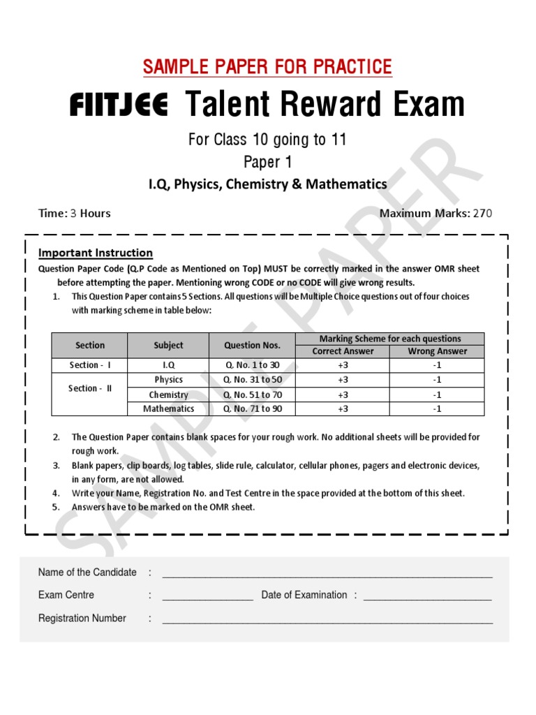 FTRE Sample Paper Class 10 To 11 Paper 1 | PDF | Redox | Test (Assessment)