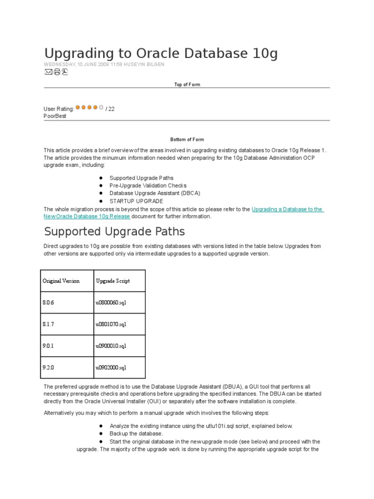 Upgrading To Oracle Database 10g Supported Upgrade Paths Pdf Oracle Database Databases