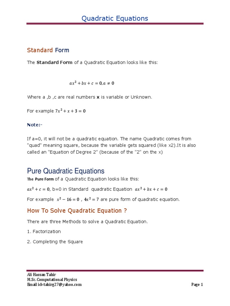 Quadratic Equations | Download Free PDF | Factorization | Quadratic ...