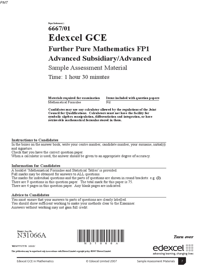 Specimen QP - FP1 Edexcel | PDF | Test (Assessment) | Equations
