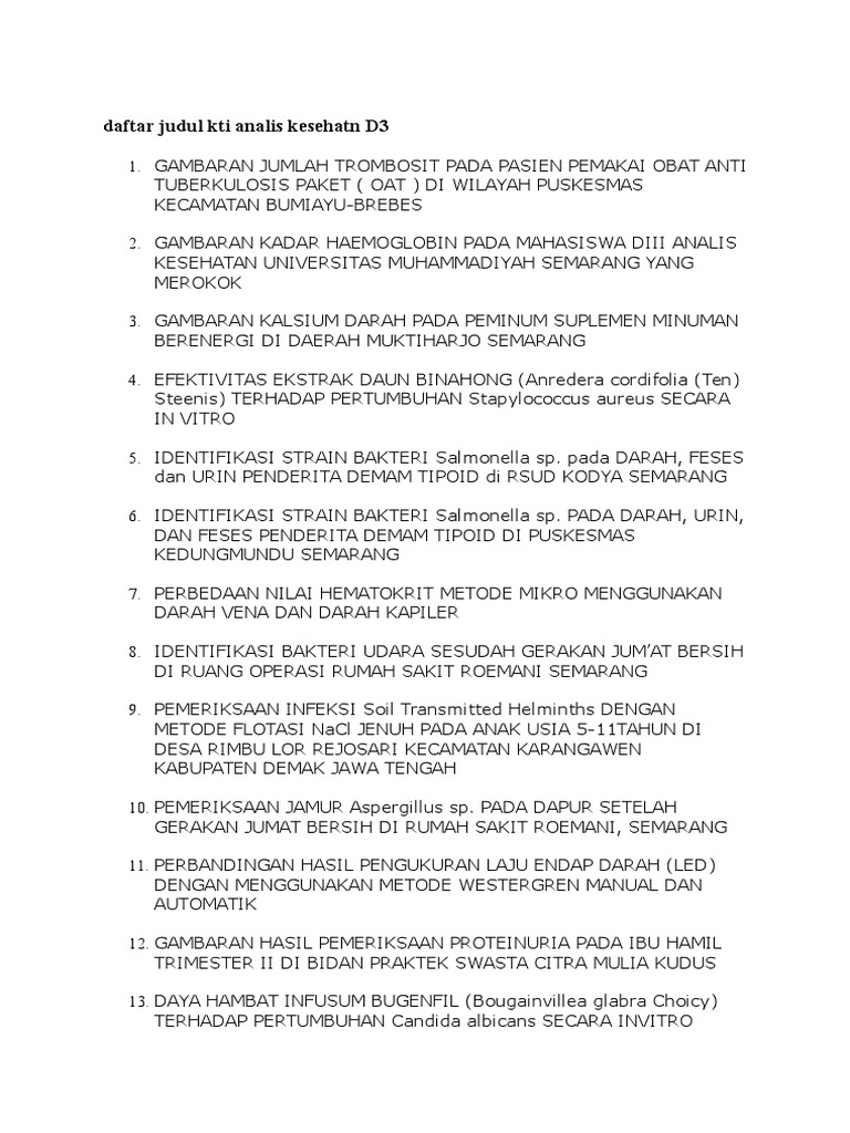 Daftar Judul Kti Analis Kesehatn D3 | PDF