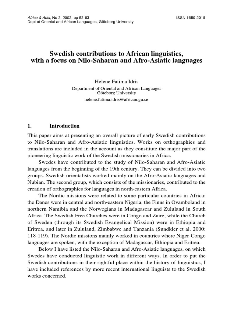 Swedish Contributions to the Study of Nilo-Saharan and Afro-Asiatic ...