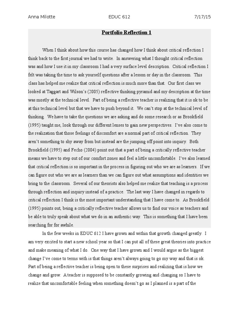 Portfolio Reflection 1 | PDF | Classroom | Teachers