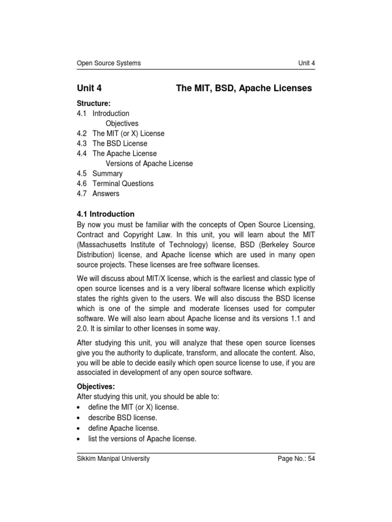 Unit 4 The MIT, BSD, Apache Licenses: Structure | PDF | Berkeley ...