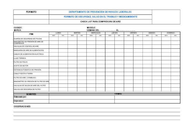 Check List Para Compresora de Aire