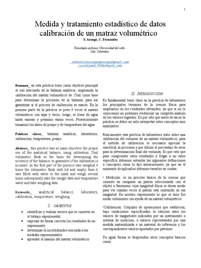 Calibración Del Matraz | PDF | Medición | Valoración
