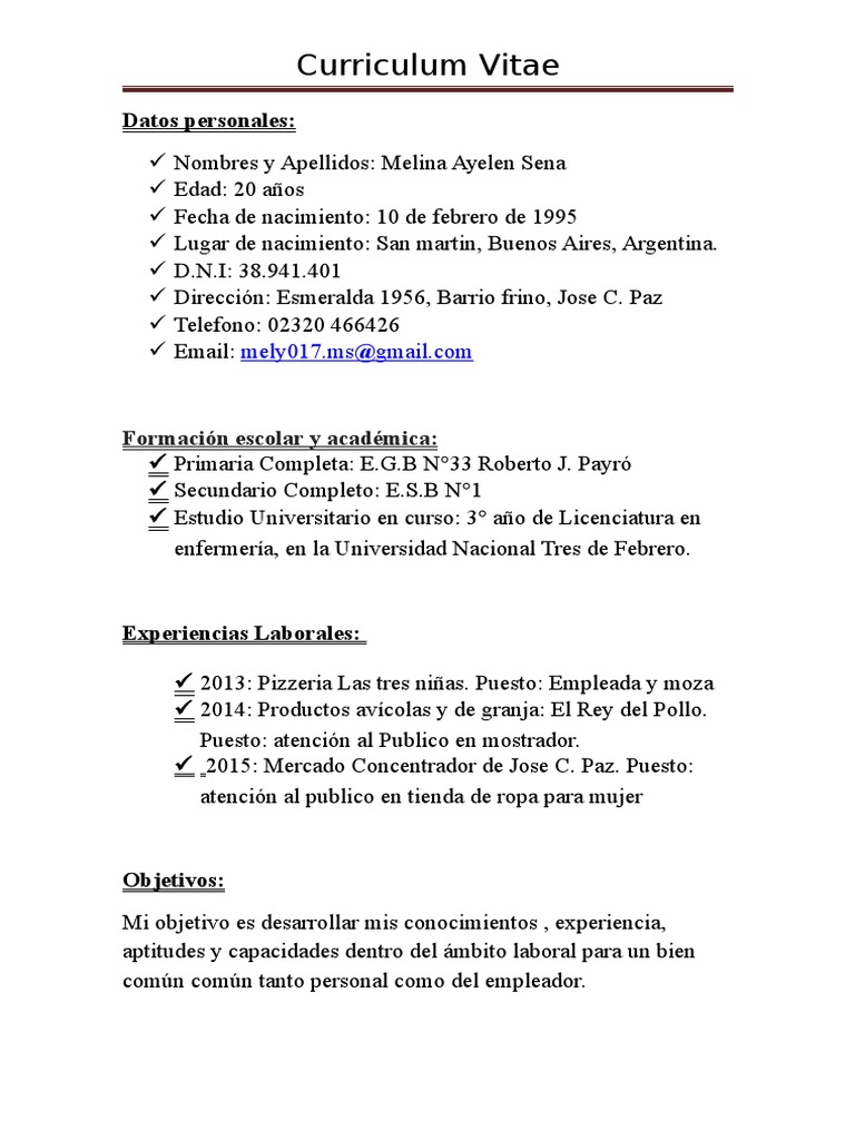 Curriculum Vitae de Melina Sena | PDF | Ciencias sociales