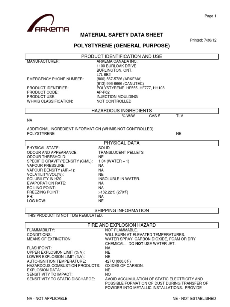 MSDS Polystyrene | PDF | Polystyrene | Explosion