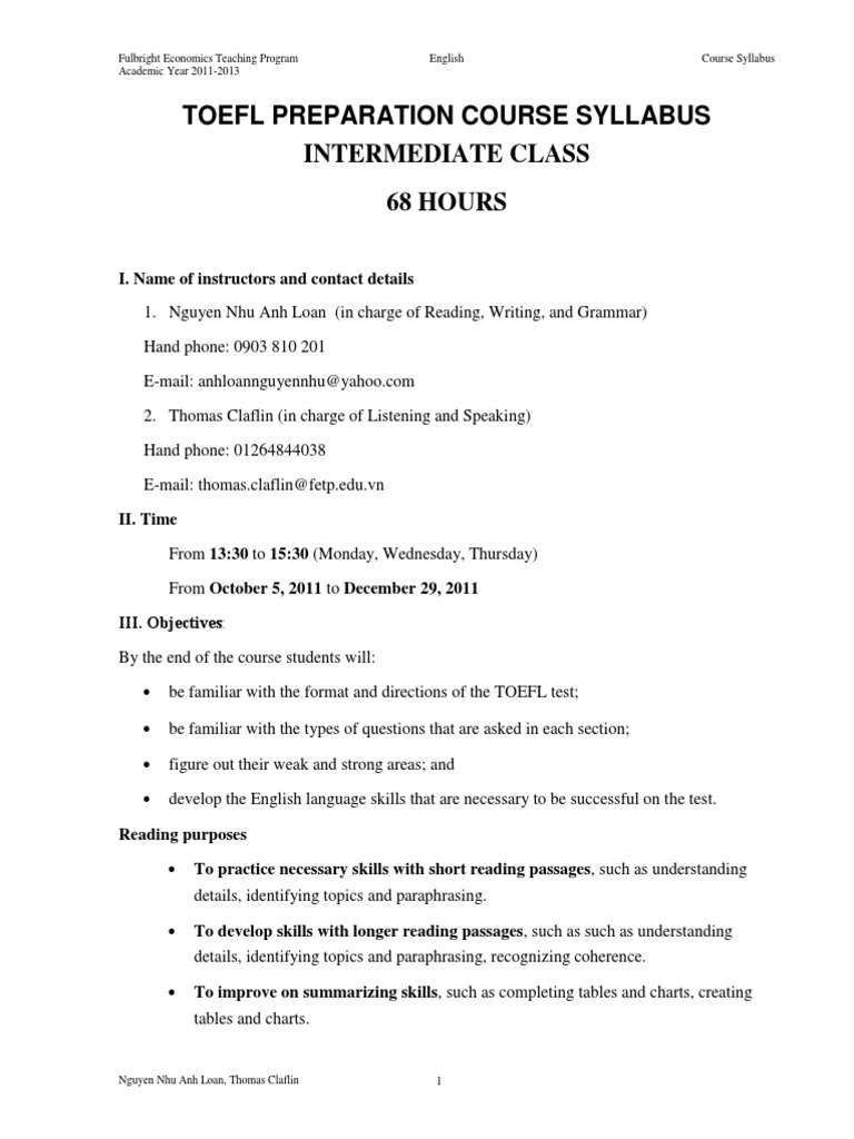 Syllabus TOEFL | PDF | Test Of English As A Foreign Language | Reading ...