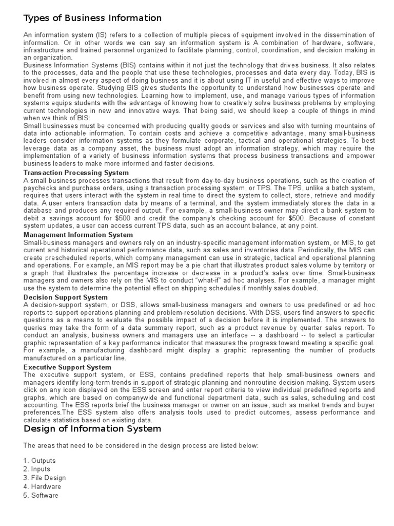 Types of Business Information: Transaction Processing System | PDF ...