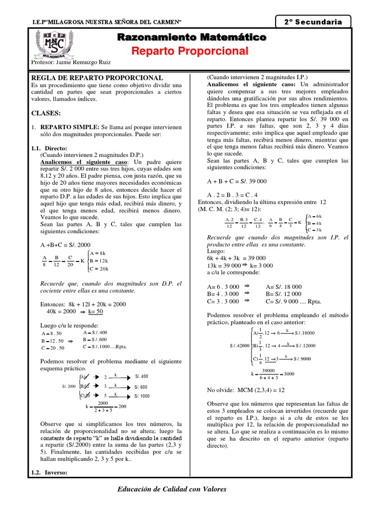 Problemas de Reparto Proporcional | PDF | Números | Matemática Elemental