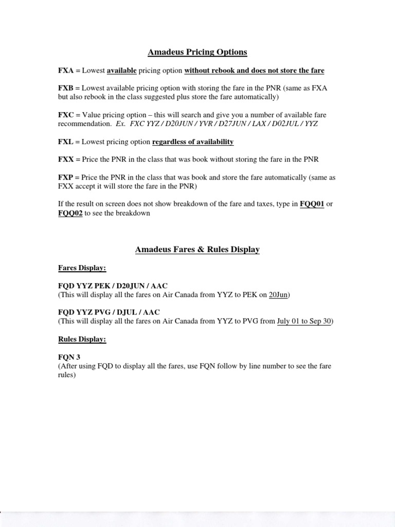 Amadeus Pricing Commands Overview | PDF