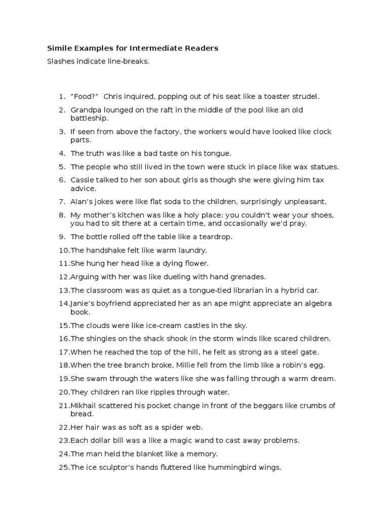 Simile Examples For Intermediate Readers | PDF | Narration