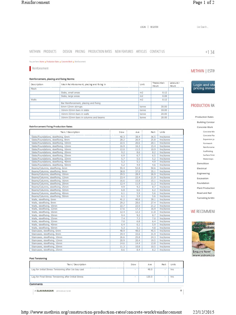 Steel Fixing Production Rates | PDF | Architectural Design | Architecture