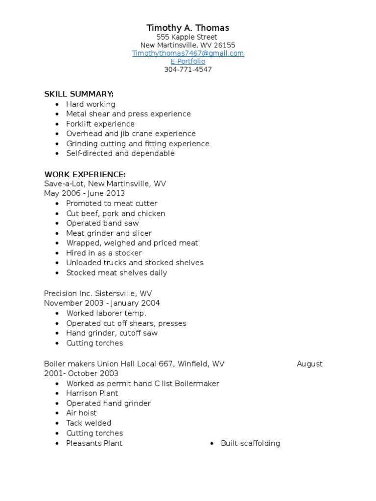 Timothy A. Thomas: Skilled Labor Resume | PDF | Sports & Recreation