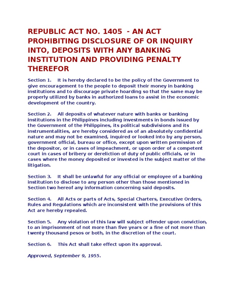 Philippine Secrecy of Bank Deposits Act Ra 1405 | PDF | Banks | Public Sphere