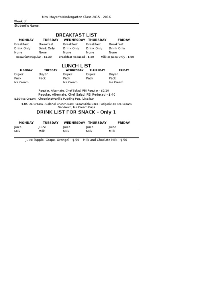 Kindergarten Breakfast and Lunch Menu 2015 | PDF