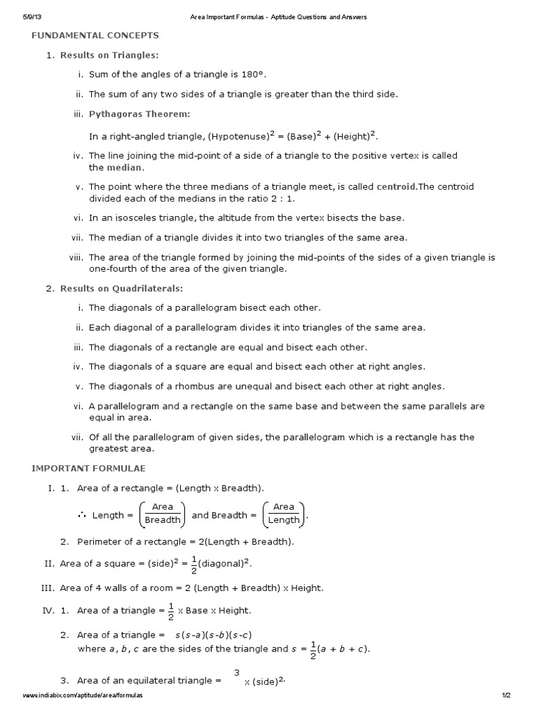 Area Important Formulas - Aptitude Questions and Answers | PDF | Business