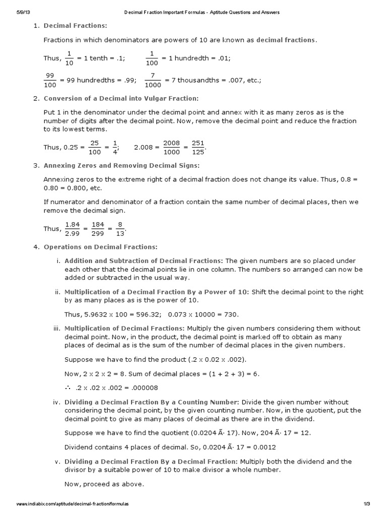 Decimal Fraction Important Formulas - Aptitude Questions and Answers ...