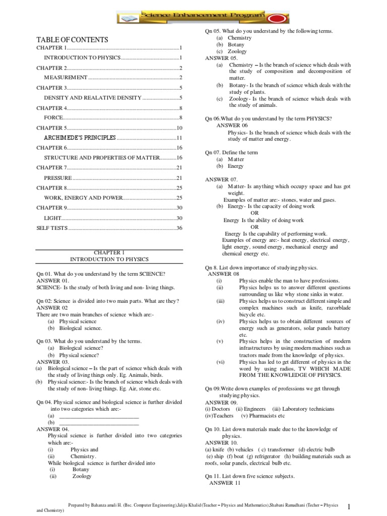 Form 1 Physics: Key Concepts and Questions | PDF | Density | Buoyancy