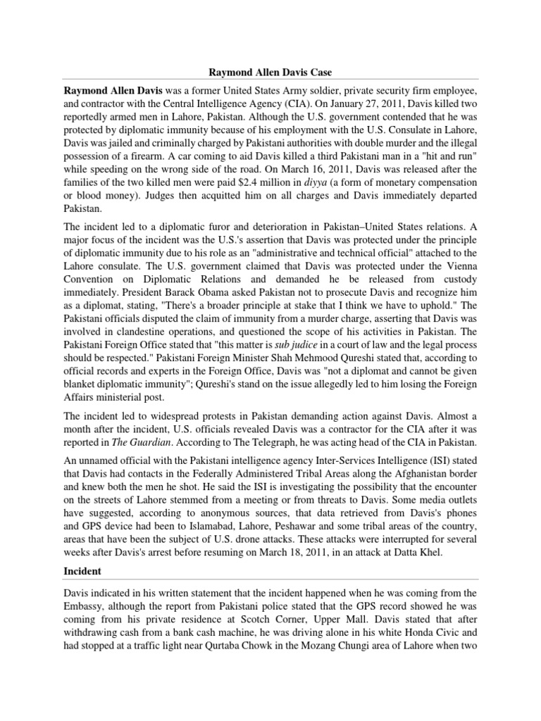 Raymond Davis Case: Diplomatic Crisis | PDF | National Security ...