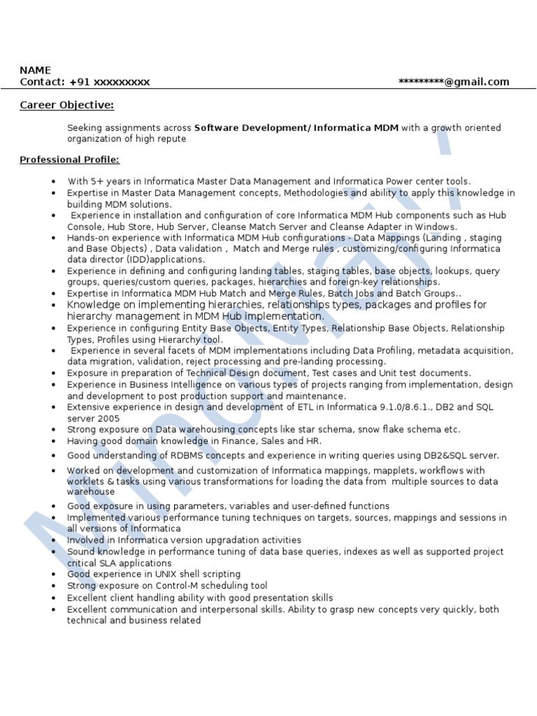 Informatica MDM Sample Resume 2 | Information Technology | Information Management