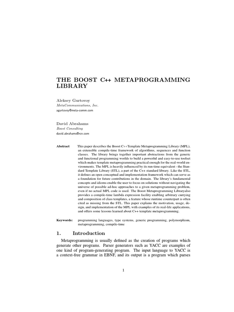 THE BOOST C++ Meta Programming Library PDF | PDF | C++ | Models Of ...