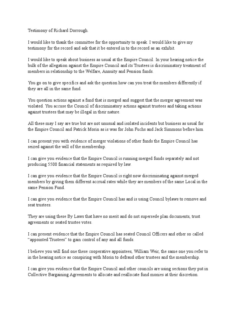 Testimony of Richard Dorrough | PDF | Pension | Banks