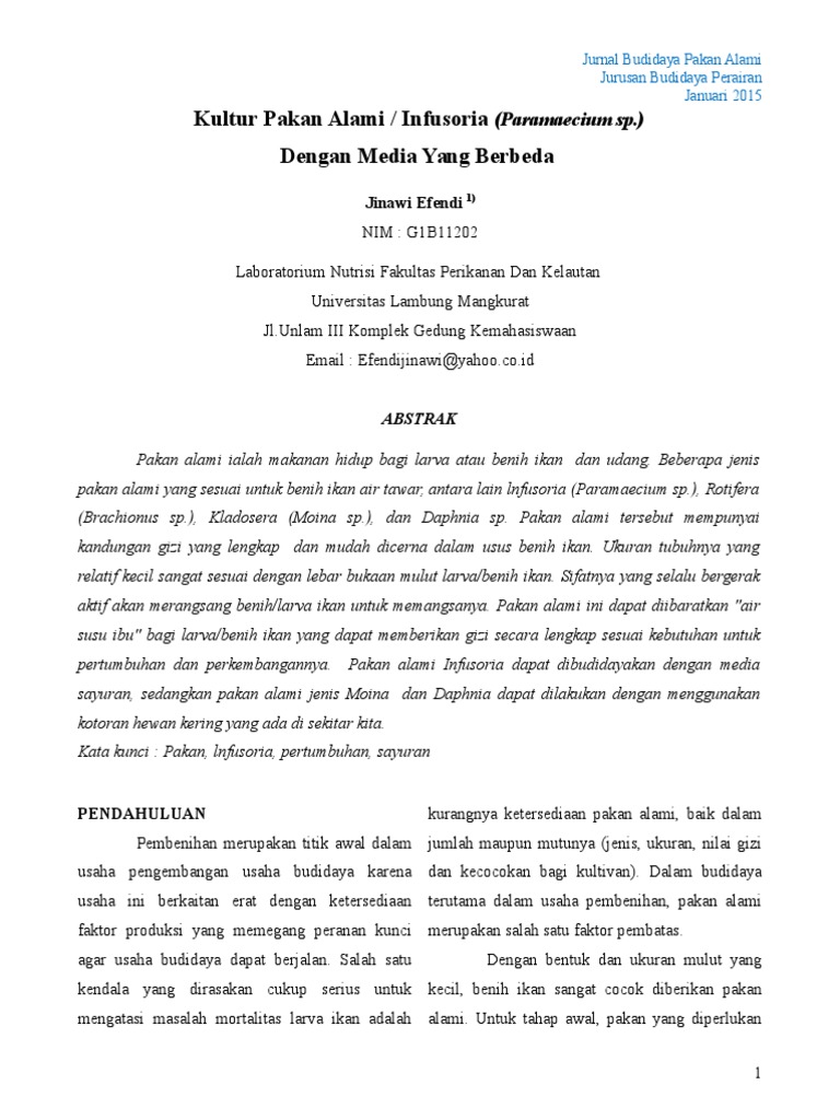Laporan Jurnal (Budidaya Pakan Alami/Infosoria) | PDF | Sains & Matematika